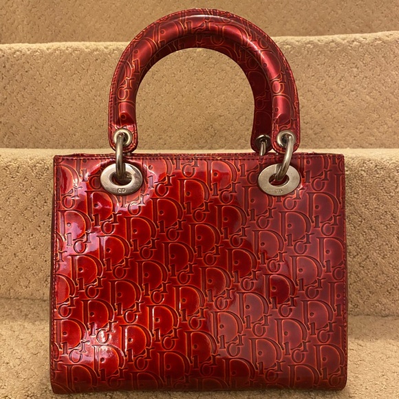 Dior | Bags | Authentic Dior Red Monogram Embossed Medium Lady | Poshmark